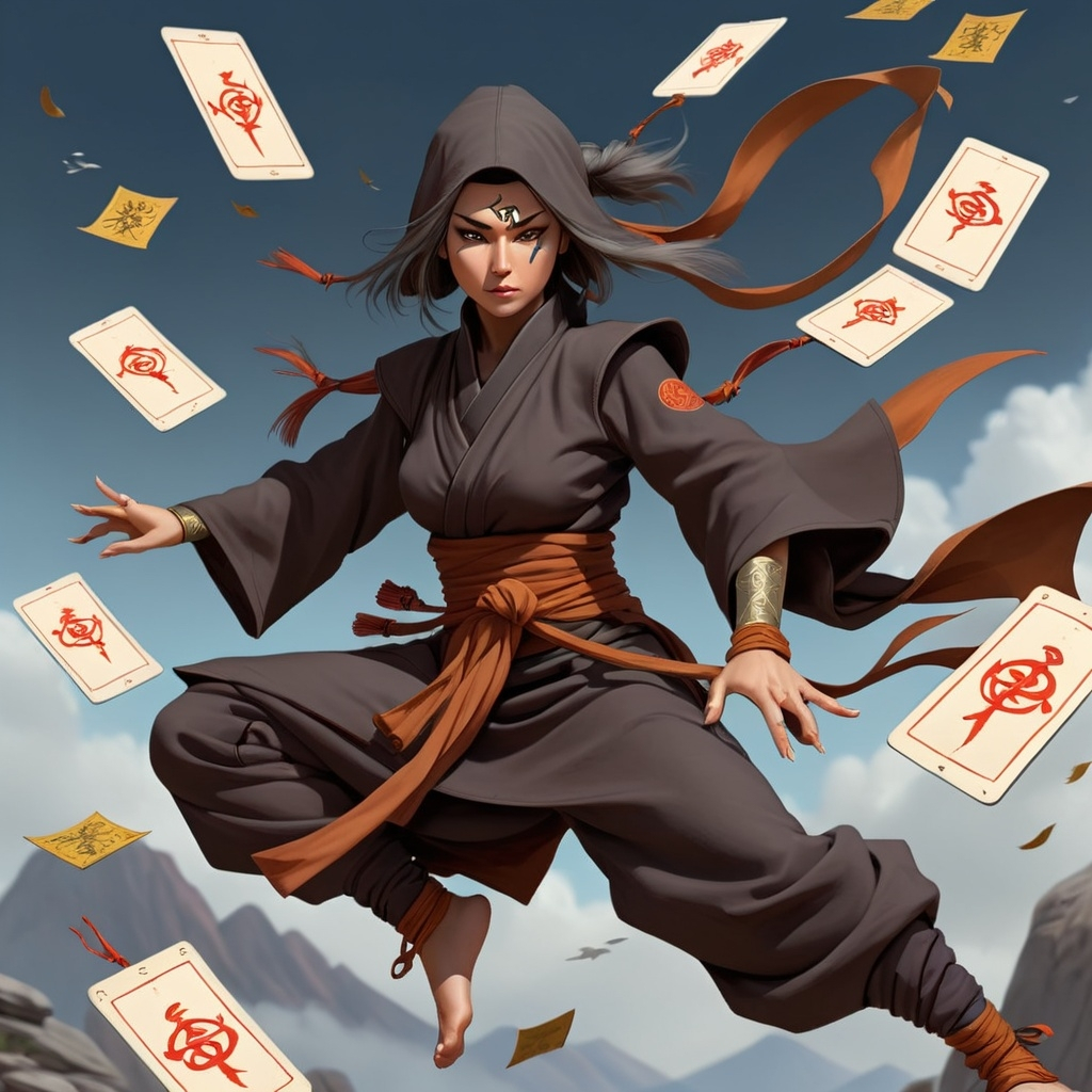 Mystic female monk in ninja fashion, with tarot caed...