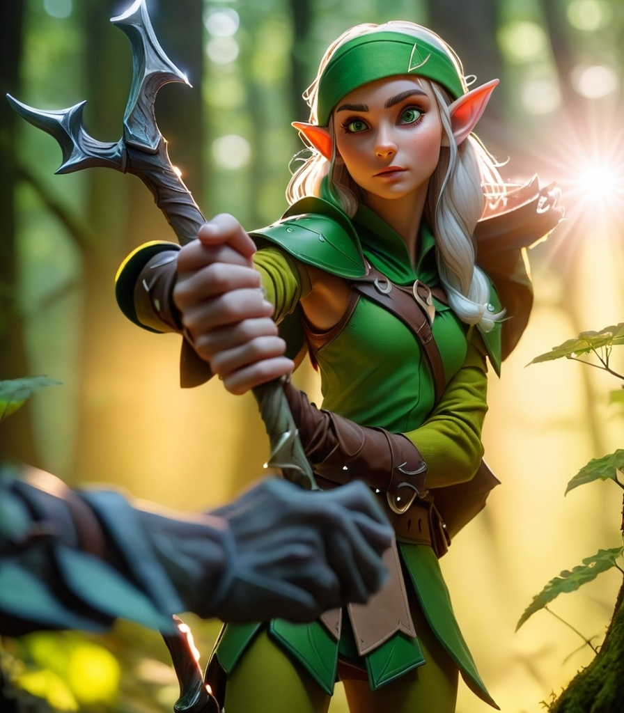 Elf ranger in a mystical forest around sunlight