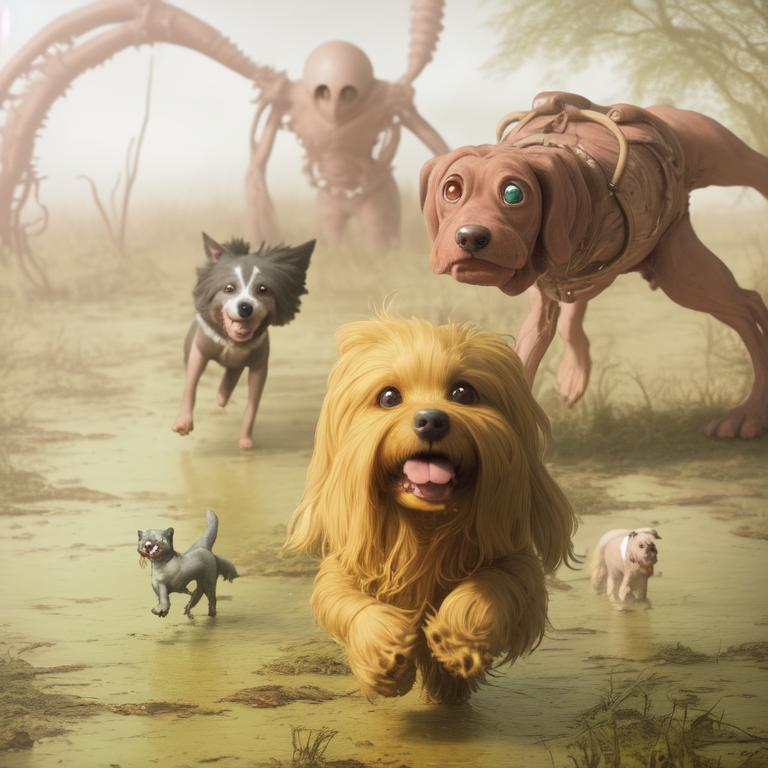 2 dogs one in foreground with alien features running... | OpenArt