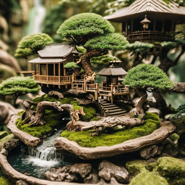 tiny wooden zoo with bonsai trees and waterfalls
