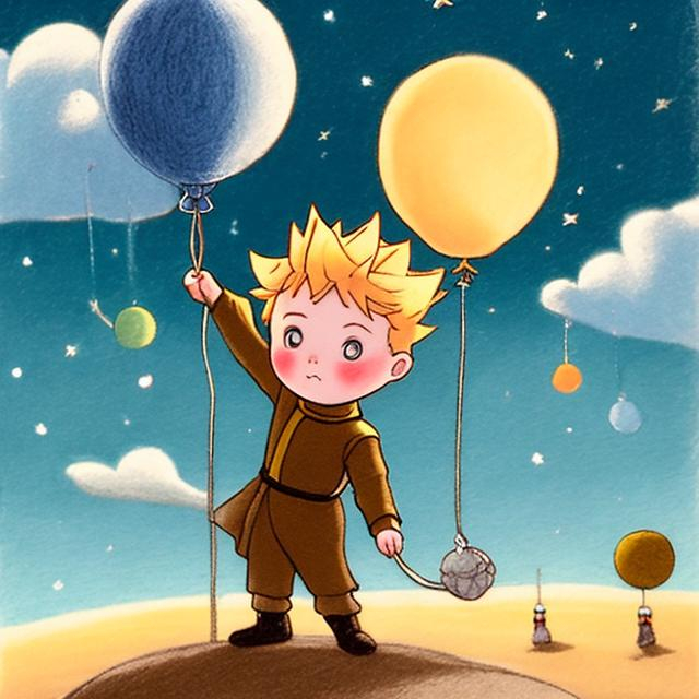 the little prince holding rope in hand attached to l...