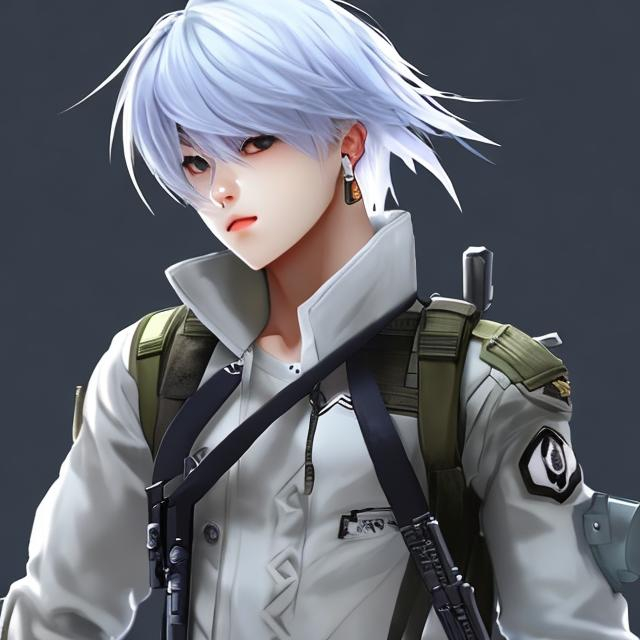 anime jimin soldier with cool white hair and sniper...