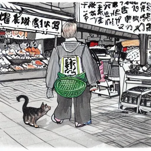 drawing of a cat shopping in a Japanese market | OpenArt