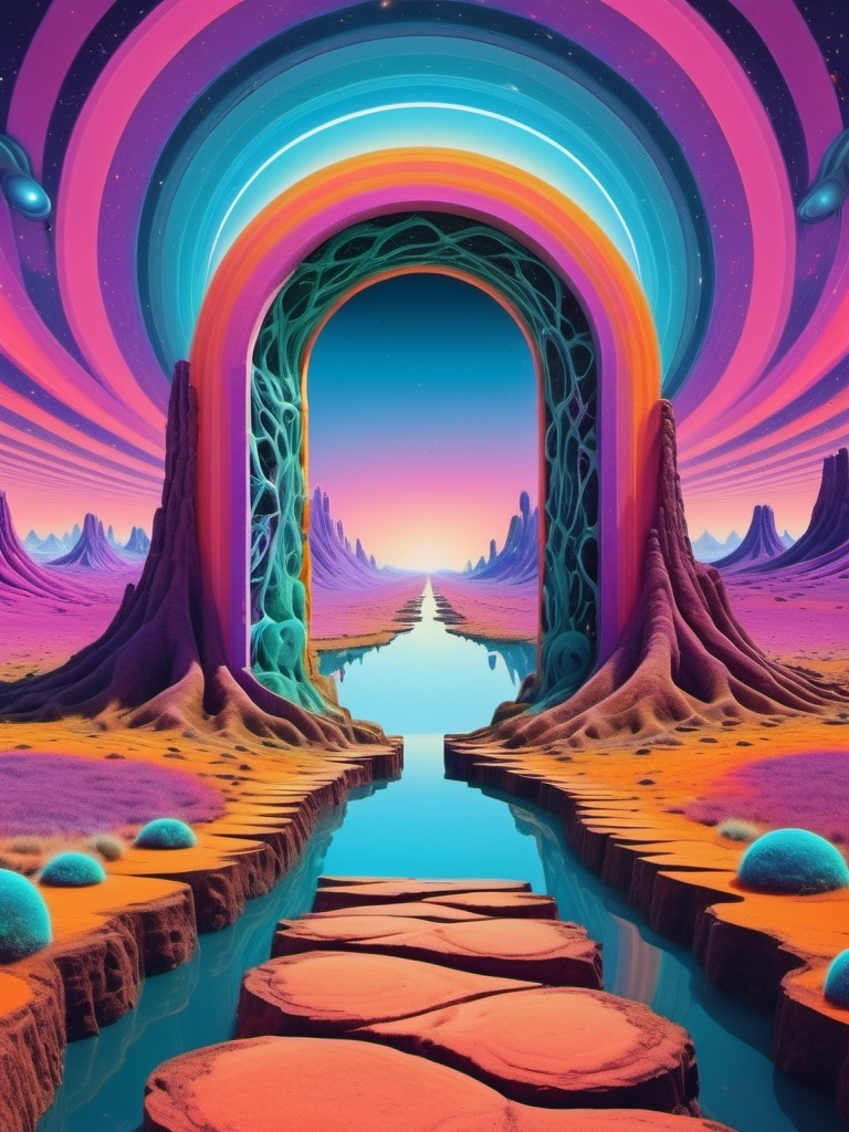 Psychedelic landscape with a portal going into anoth...