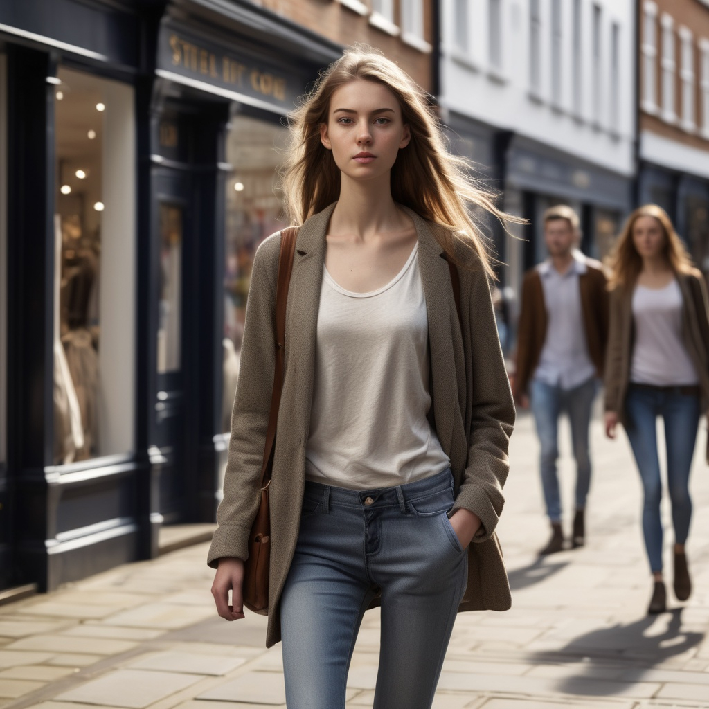 Tall young woman walking down the high street, detai...