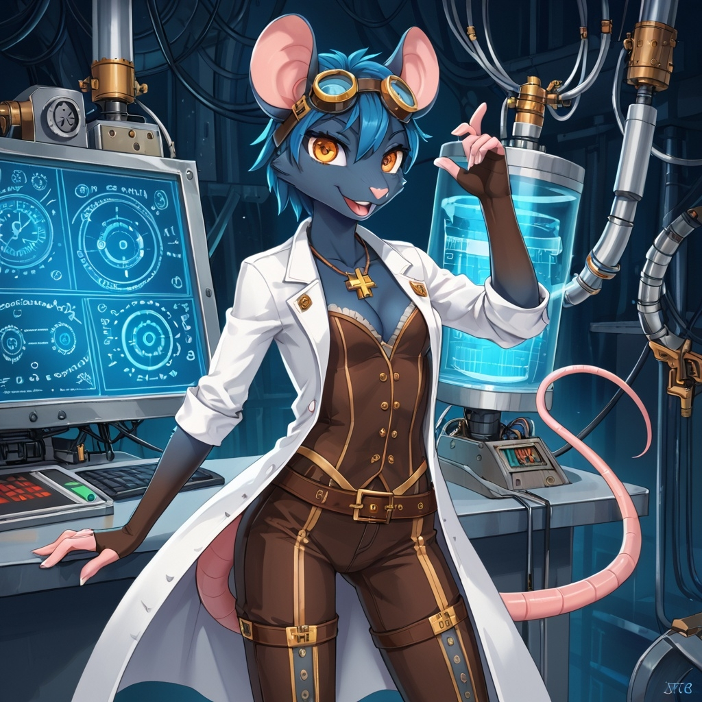 A steampunk electrical science lab scene Foreground:...