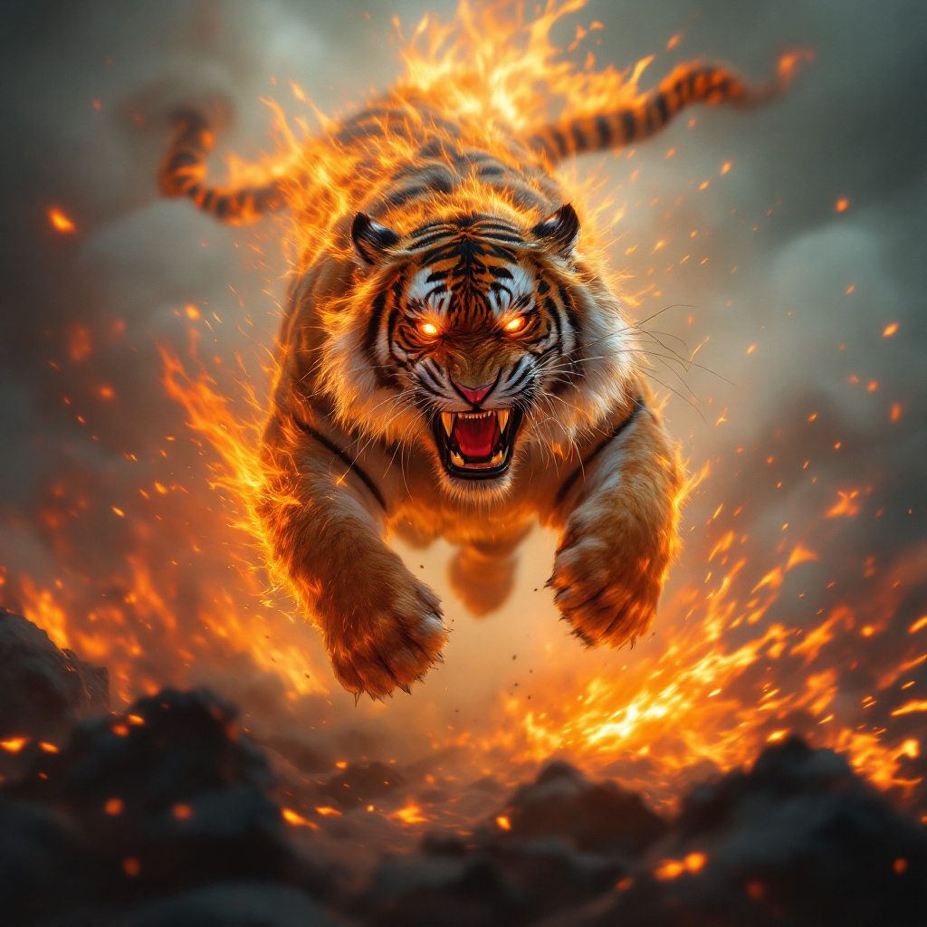 Create an animated sequence featuring a powerful tig...