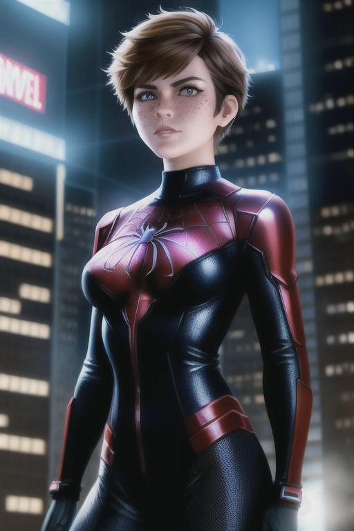 May Day Parker form Marvel Comics, standing on a roo...