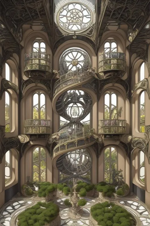 Elegant dieselpunk garden interior with Art Nouveau...