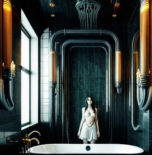 Beautiful young girl bathing in a Scary, imposing ba... | OpenArt