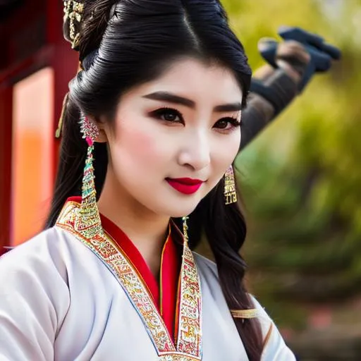 A beautiful oriental woman with long hair, black eye...