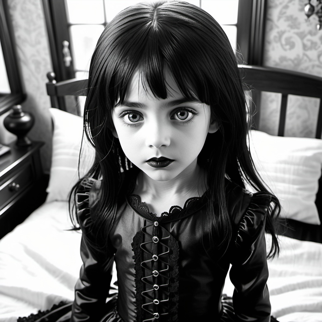 thin 6 years old goth child with intricate detailed... | OpenArt