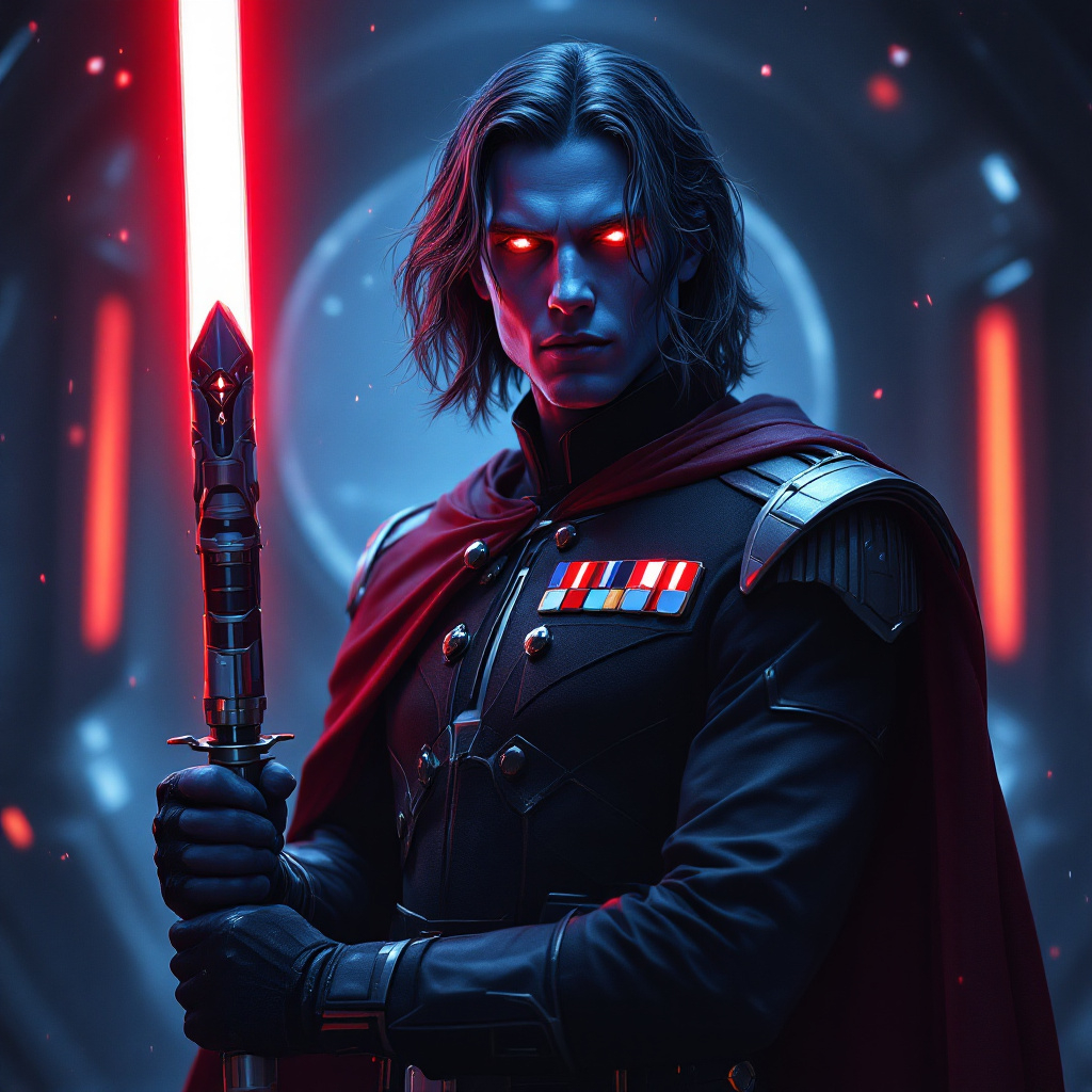 Visualize a striking scene featuring a blue-skinned...