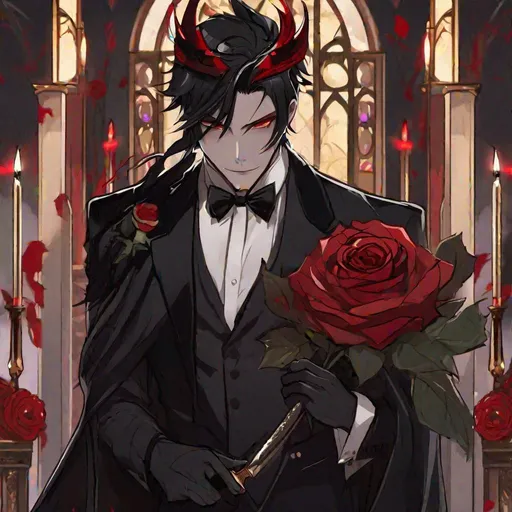Damien (male, short black hair, red eyes) demon for... | OpenArt