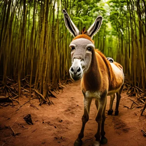 A demented donkey emerging from a ginger forest