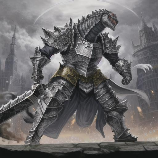 silver skinned godzilla with plate armour covered in... | OpenArt