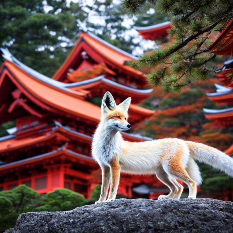White, beautiful, detailed fox standing on a grey ro... | OpenArt