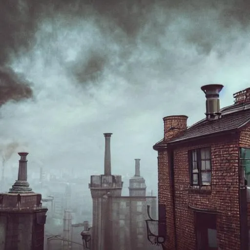 Steampunk city rooftops with chimneys throwing smoke... | OpenArt
