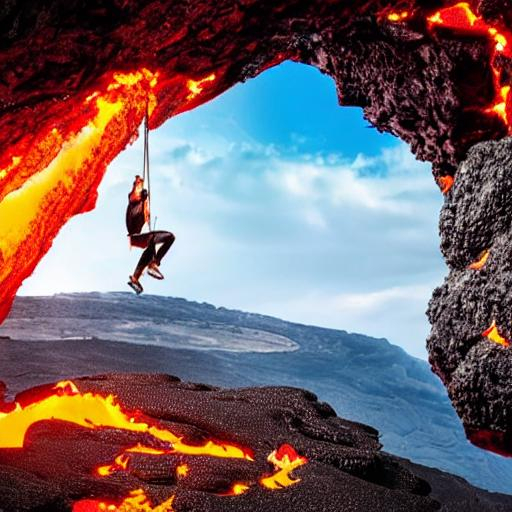 Person hanging from a cliff over lava, suspense clif...