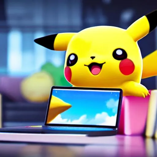 Cute small Pikachu sitting in front of laptop ,unrea...