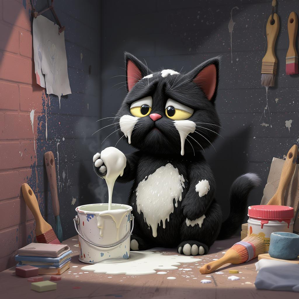 3D A black cartoon cat pouring white paint all over...