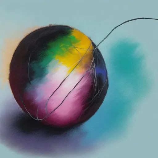 brush painting, pastel colors, ball of string, dark...