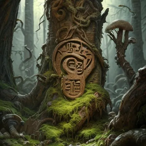 hieroglyphics, rune glyphs, white moss, fungi, rott...