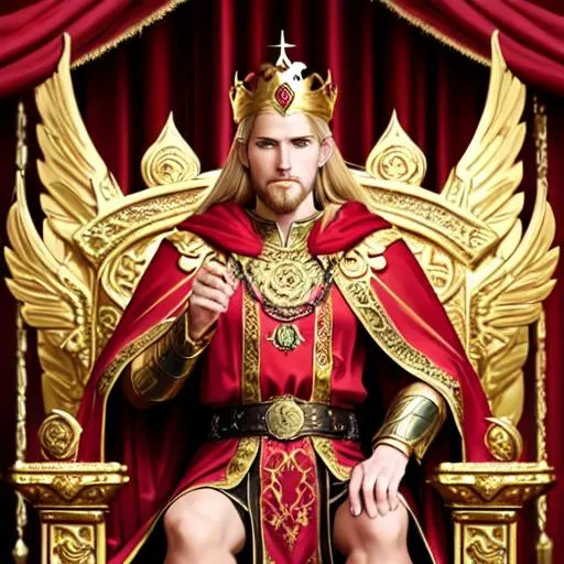 A tall male Elven Emperor wearing red and gold vikin... | OpenArt