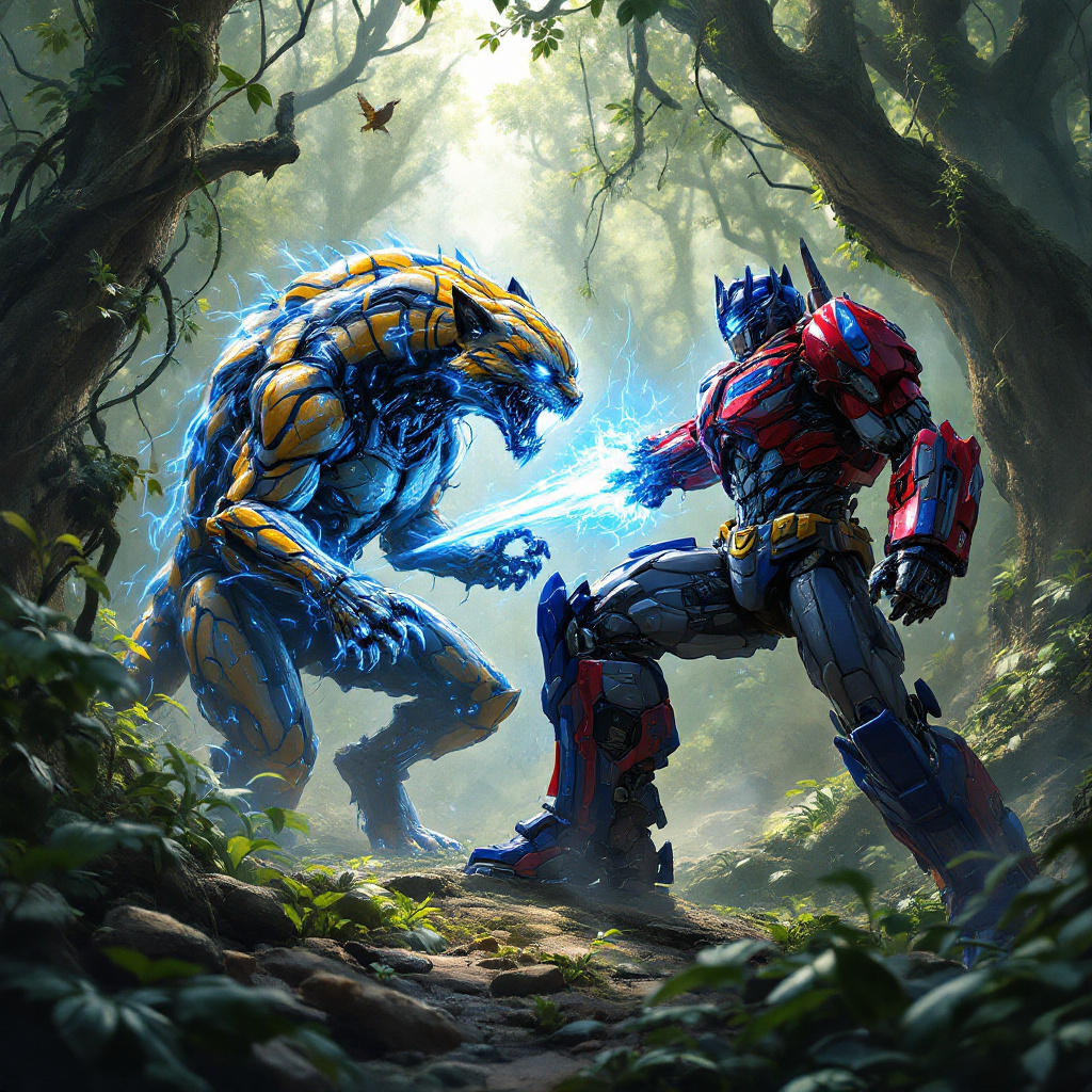 create a mutant cheetah fighting optomus prime in a...