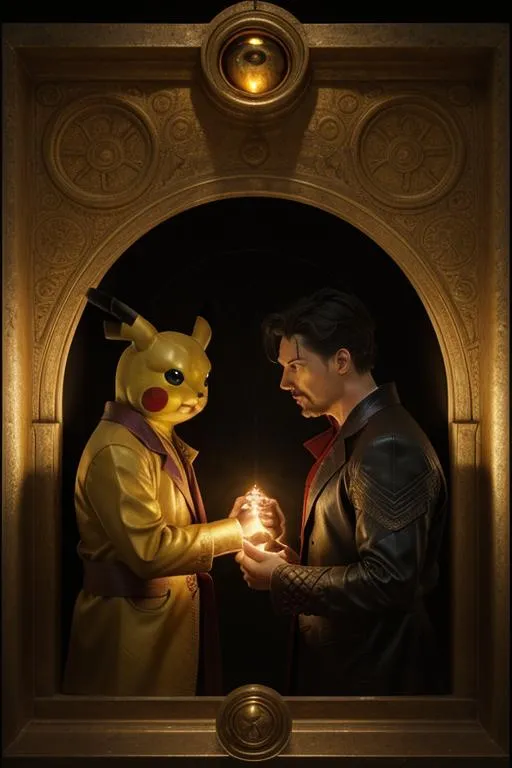 A bas-relief depicting Dr. Strange handing Pikachu t...