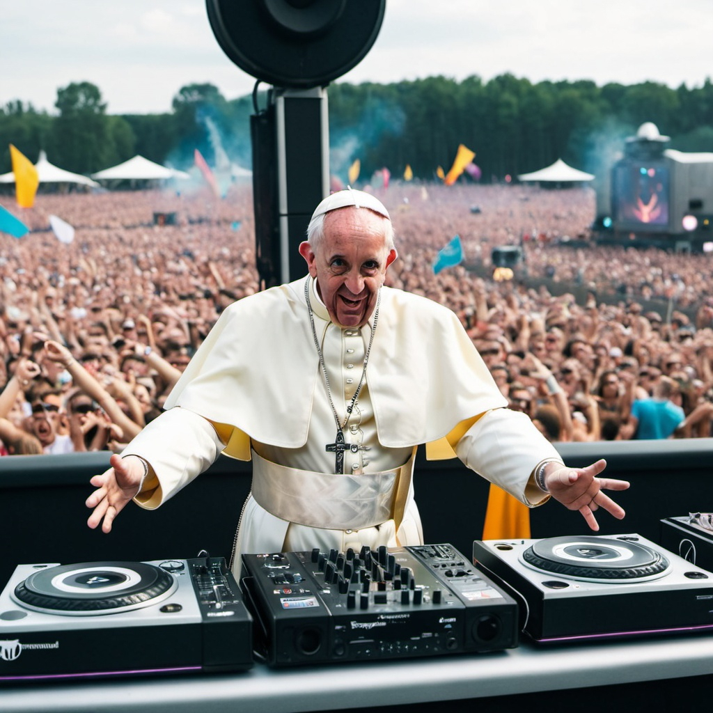 Show pope Franziskus II as a dj pope in front of a c...