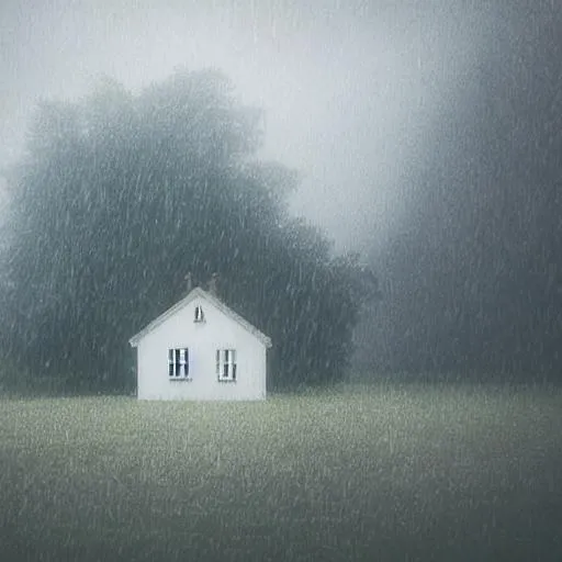 white cottage, heavy rain, rain storm,