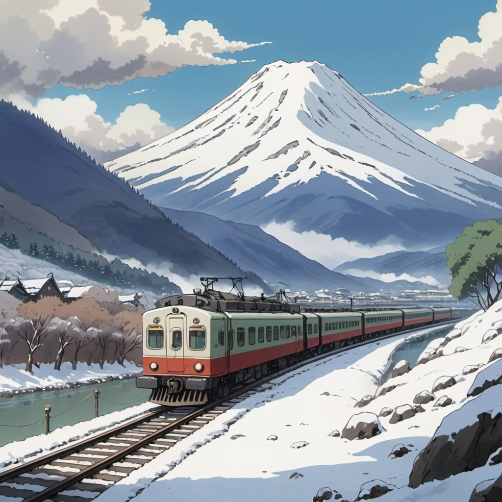 2d studio Ghibli anime style, a train moves slowly t...