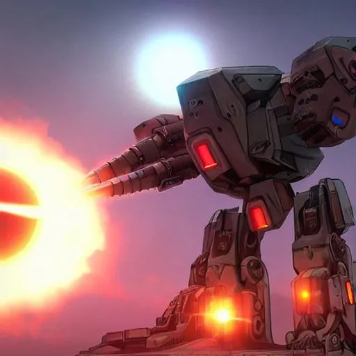 A giant walking mech firing a salvo of plasma cannon... | OpenArt