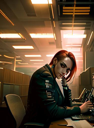 portrait of cyberpunk office worker, behind desk, me...