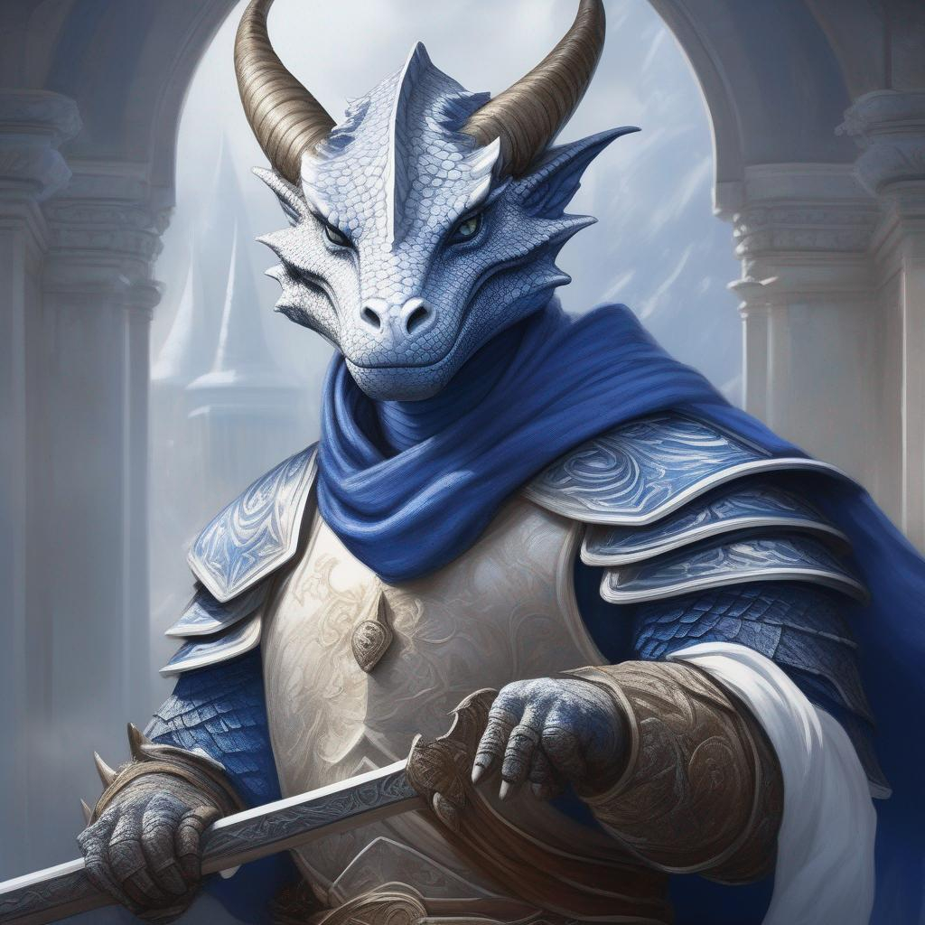 A beautiful blue and white Dragonborn with no hair h... | OpenArt