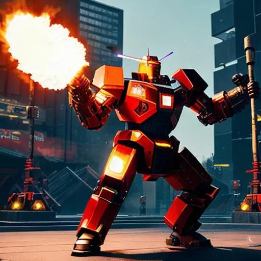 Giant robot swinging a flaming axe, unreal engine, f...