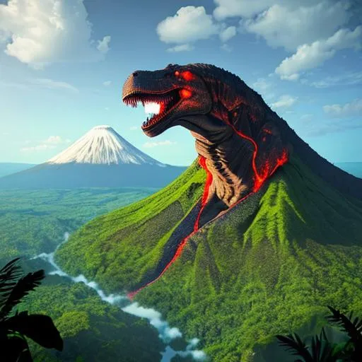 a colossal volcano towering over a lush forest, with...