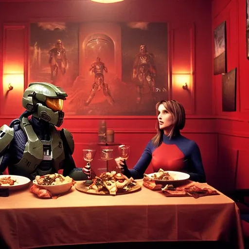 Master Chief and Cortana from Halo eating dinner in...