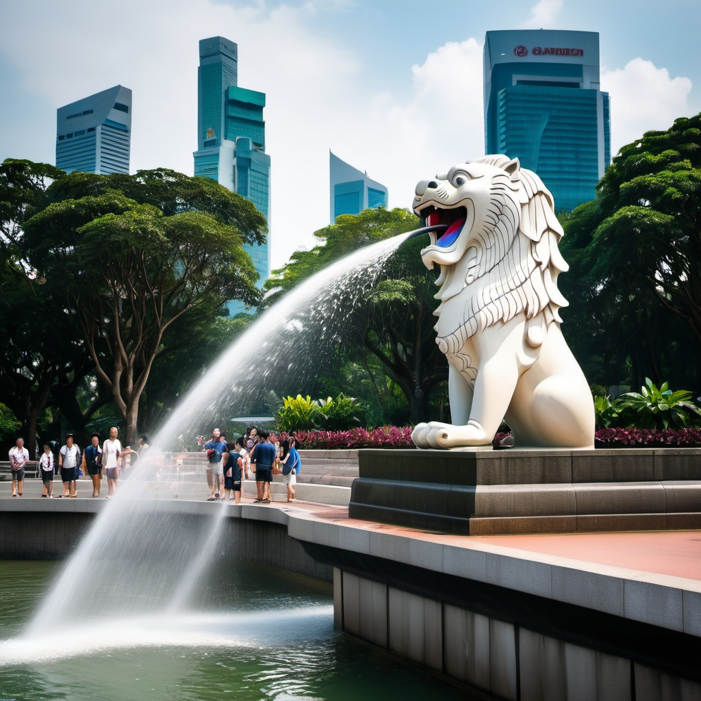 the Singapore merlion spitting out water next to the...