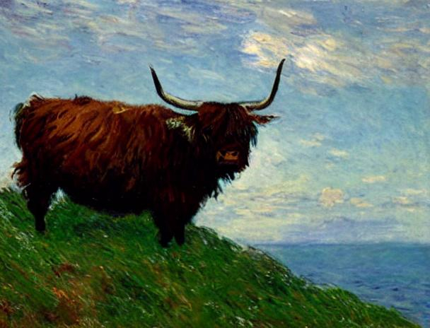 A Monet style painting of a highland cow on a stormy... | OpenArt