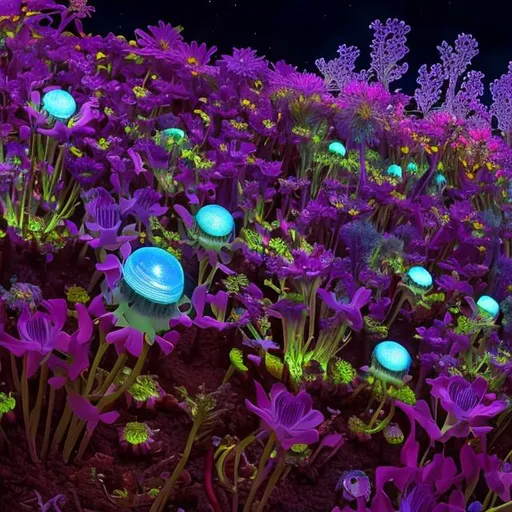 Astronauts tending to a garden of alien flowers, eac...