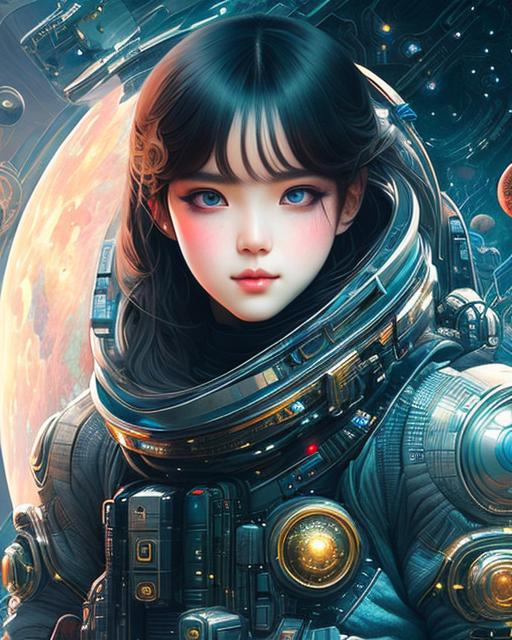 a girl wearing a futuristic outfit with space scener...