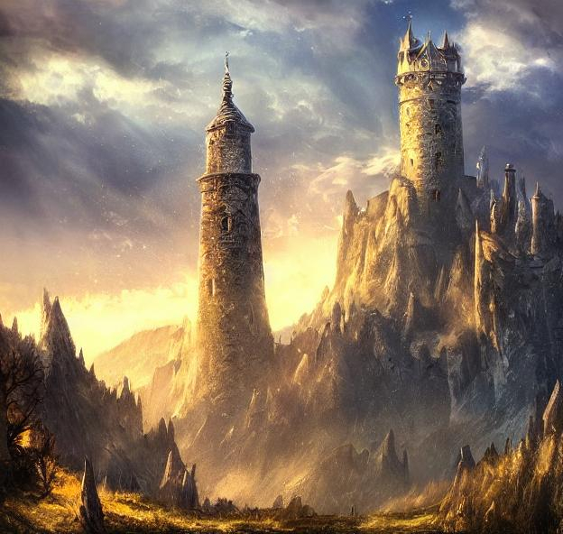 Fantasy, medieval Hamlet, wizard tower, light diffus... | OpenArt