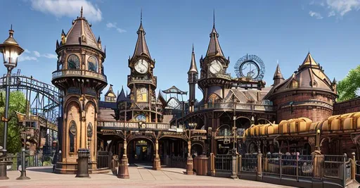 steampunk theme park entrance, victorian architectur...