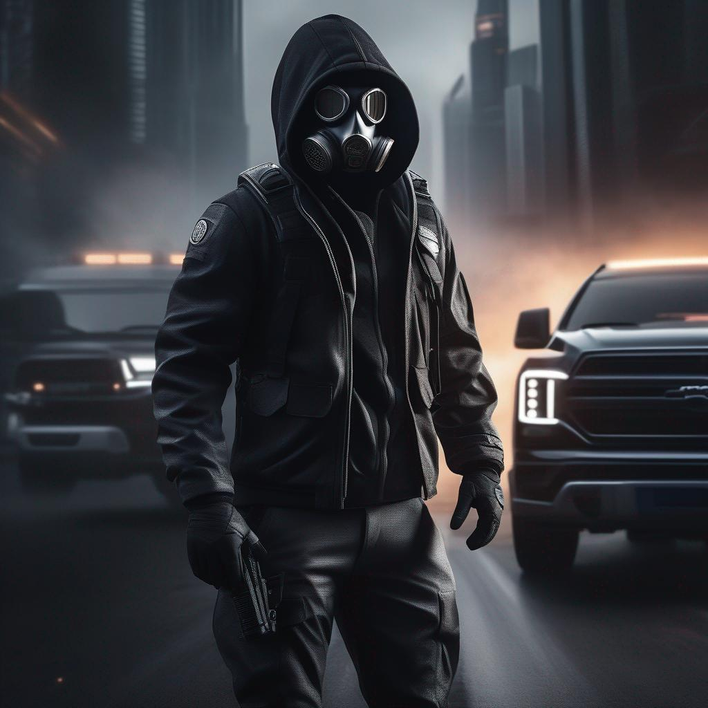 Male agent with a gas mask, black and grey cyberpunk...