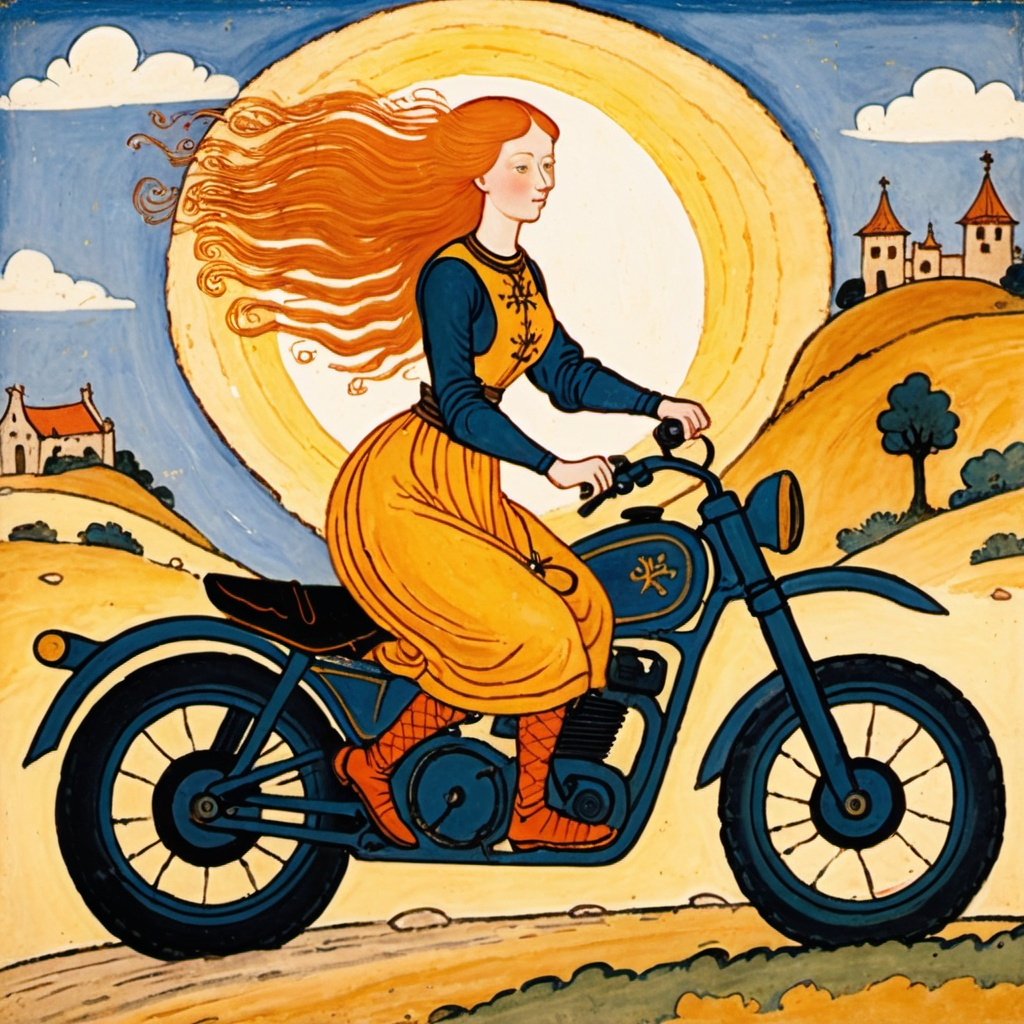 Early medieval painting of a ginger biker girl ridin...