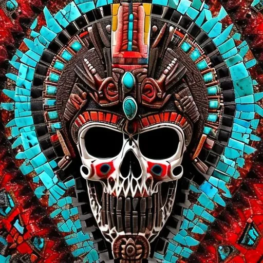Death aztec god realistic photo red obsidian turquoise