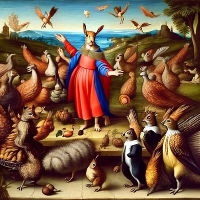 renaissance painting of a squirrel leading a group o...