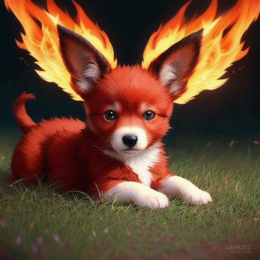 Cute, red, fluffy, fire puppy, possessing the elemen... | OpenArt